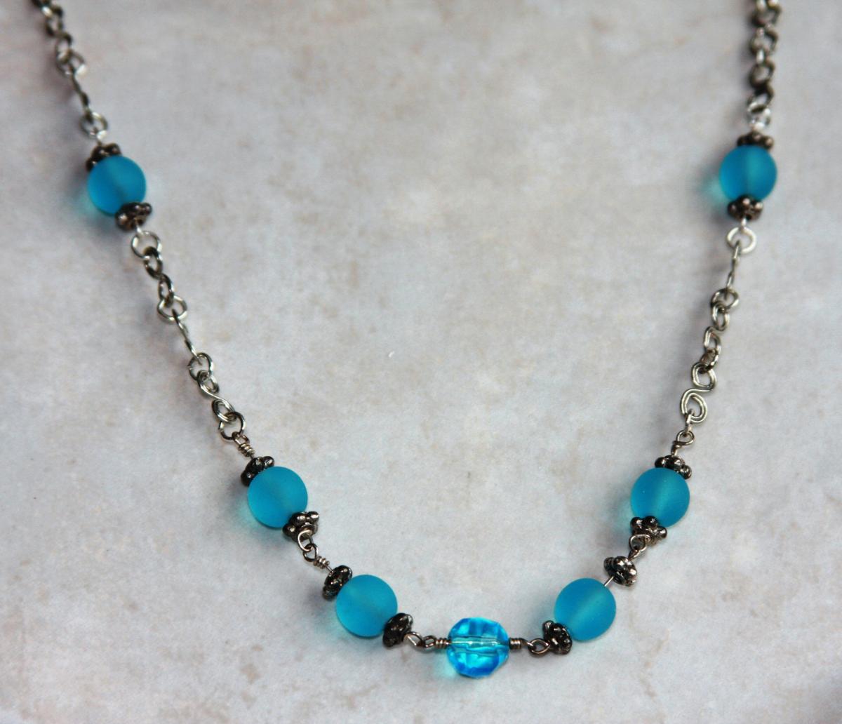 Light Blue Beaded Wire Wrapped Silver Chain Necklace on Luulla