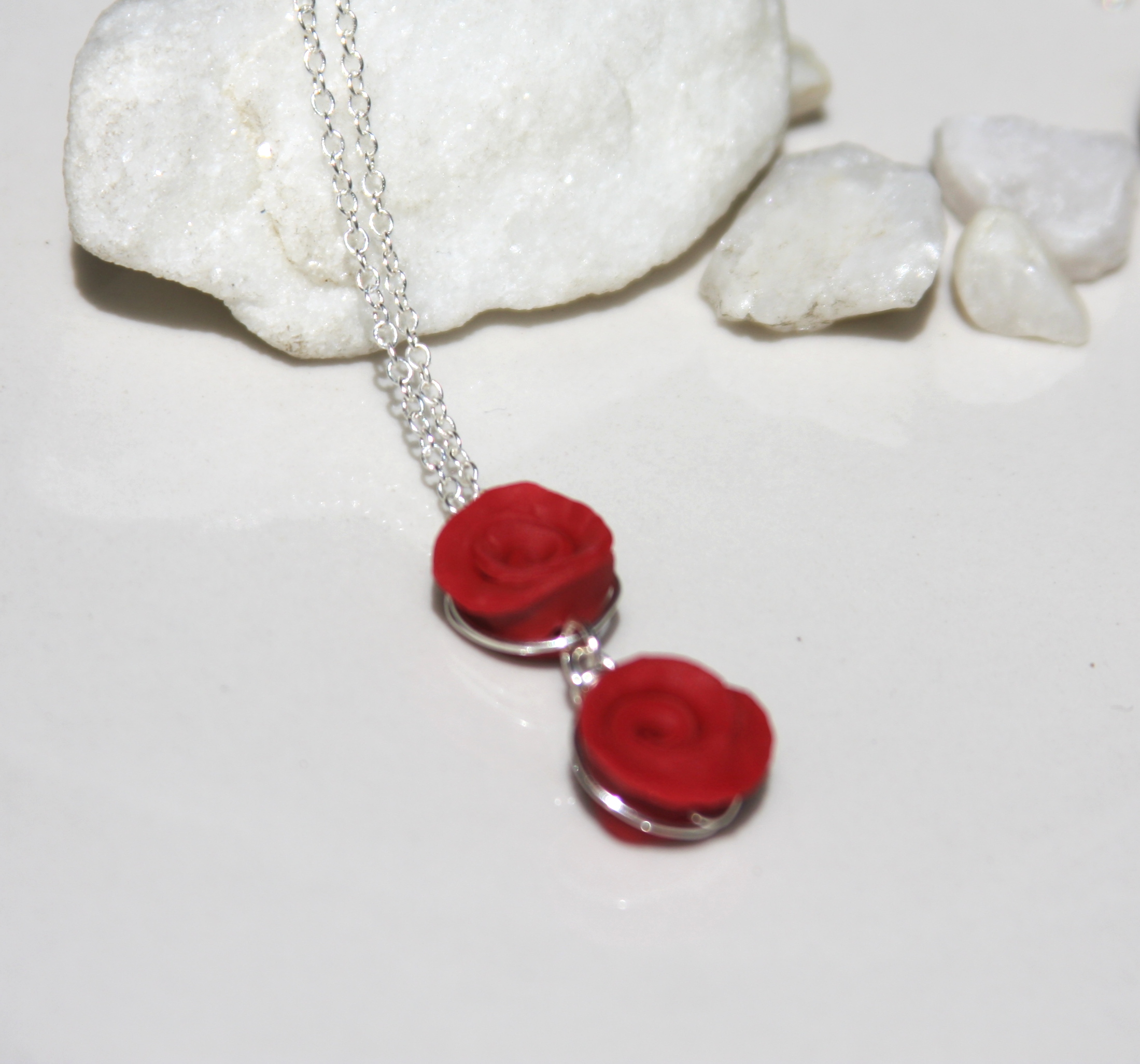Sterling Silver Red Rose Bud Necklace Handmade, Double Red Rose ...