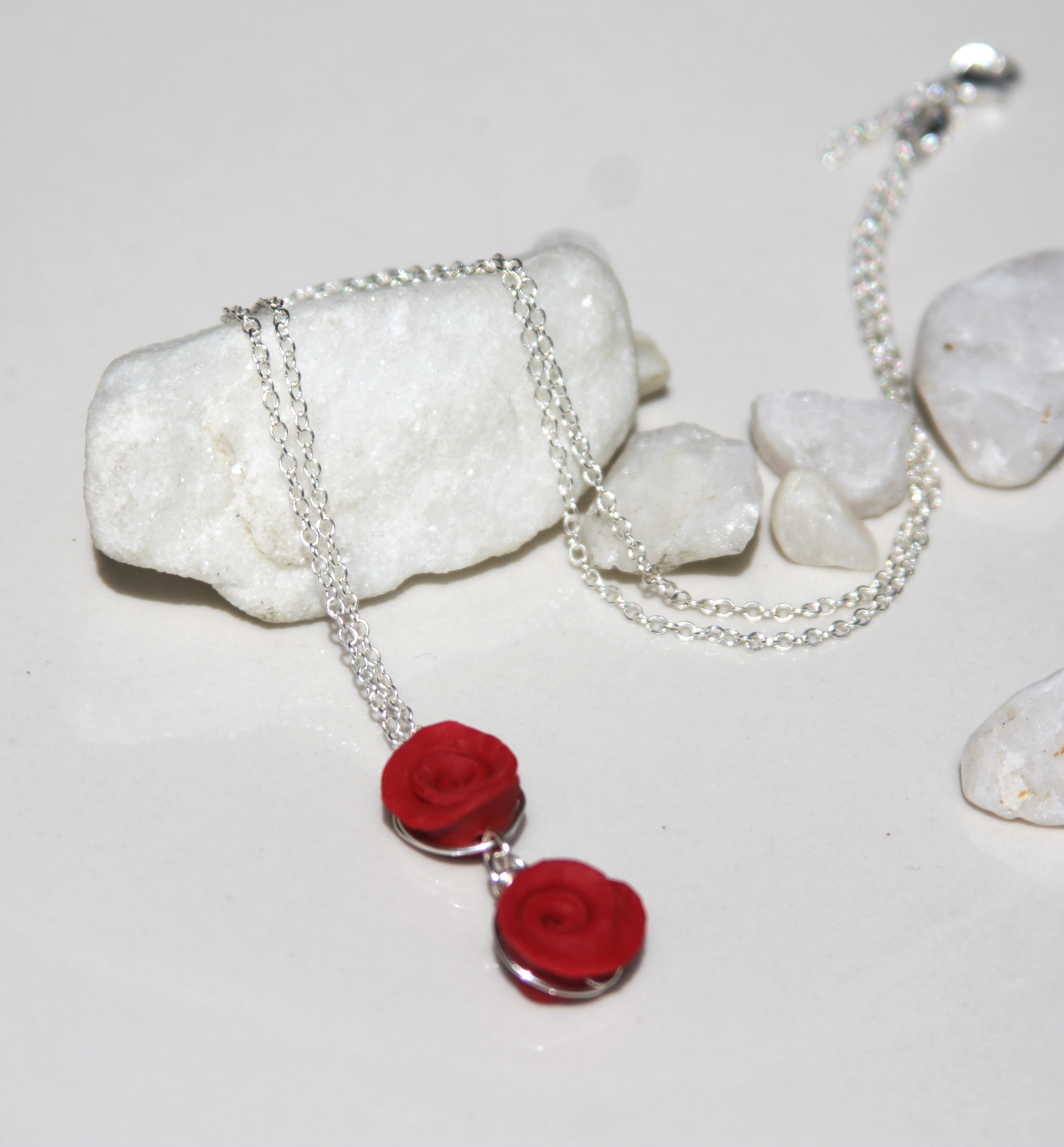 Sterling Silver Red Rose Bud Necklace Handmade, Double Red Rose ...