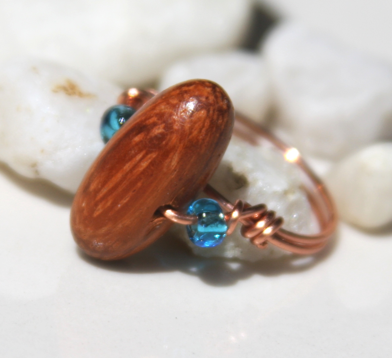 Copper Ring With A Wood And Glass Beads Handmade on Luulla
