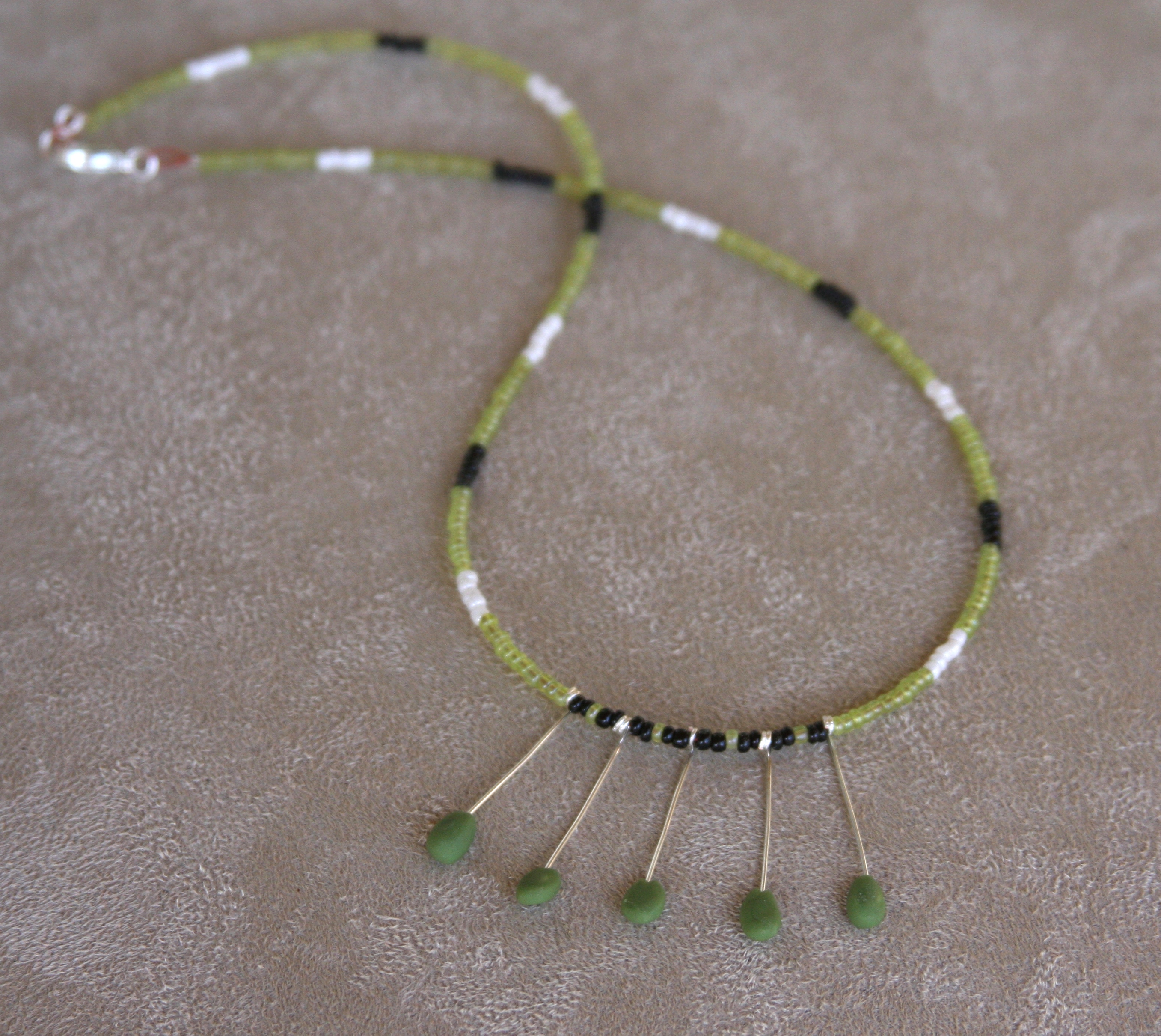 Moss Green And White Beaded Bid Necklace Handmade, Statement Necklace ...