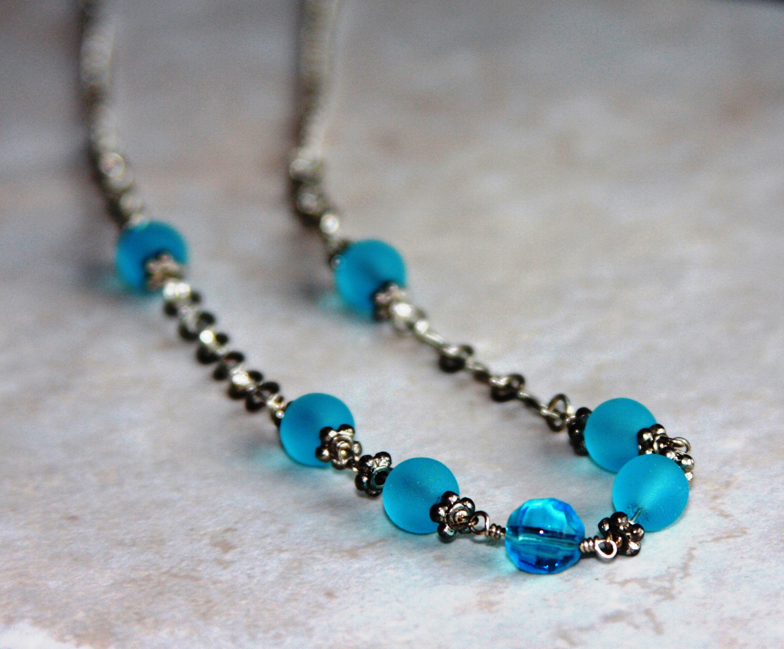 Light Blue Beaded Wire Wrapped Silver Chain Necklace on Luulla