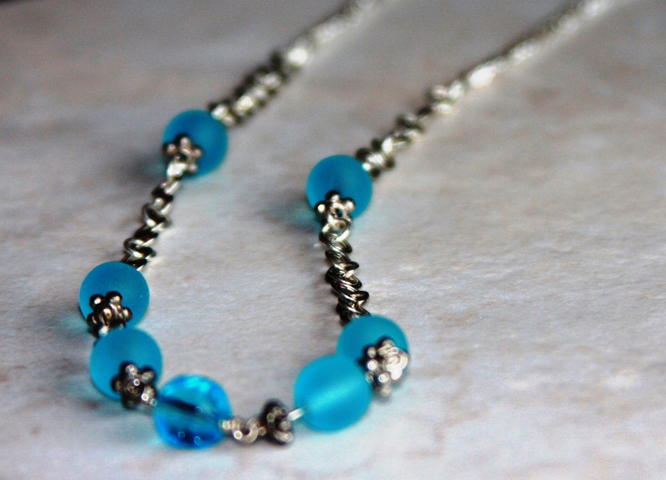 Light Blue Beaded Wire Wrapped Silver Chain Necklace on Luulla